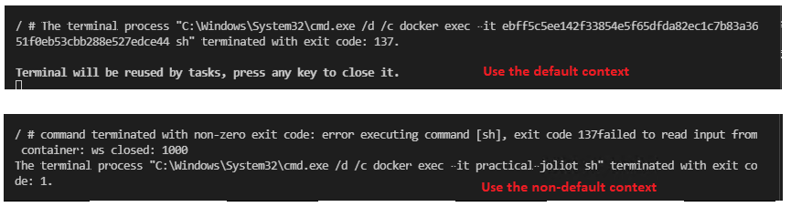 The error message is inconsistent in the different contexts when executing "Attach Shell ...