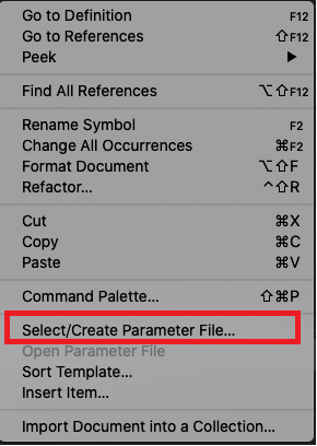 The "Select/Create Parameter File..." in status bar is inconsistent with context menu and ...