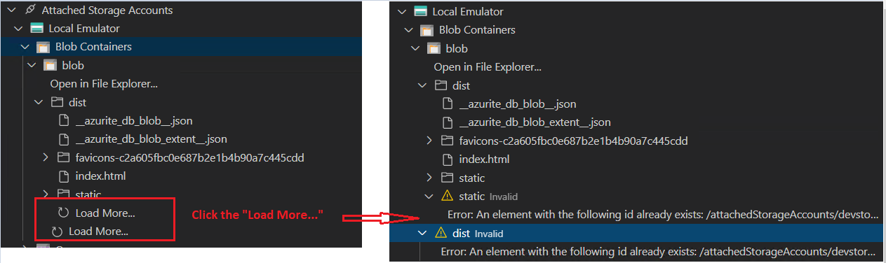 Display two extra invalid folders after uploading the "dist" folder to a Local Emulator blob ...