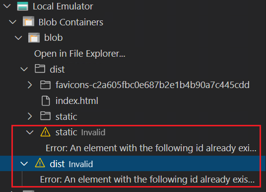 Display two extra invalid folders after uploading the "dist" folder to a Local Emulator blob ...