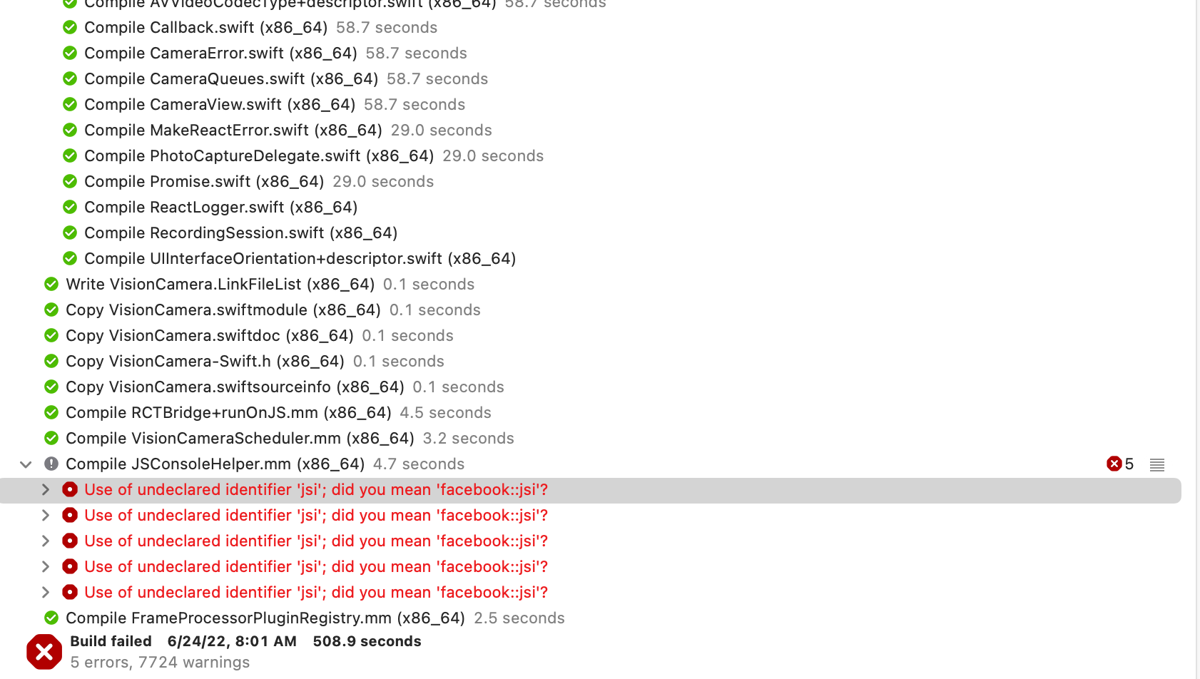 I got this error "Use of undeclared identifier 'jsi'; did you mean 'facebook::jsi'" After ...