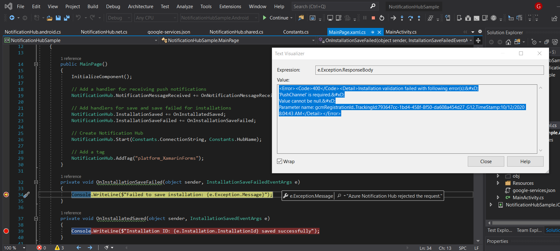 Registration error: 'PushChannel' is required, using Xamarin.Azure.NotificationHubs.Android 1.1. ...