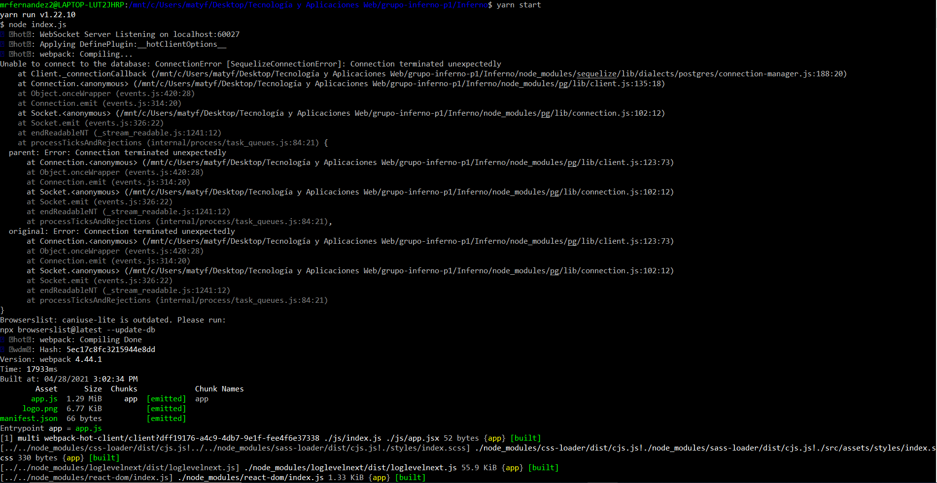 Error Al Intentar Yarn Start Unable To Connect To The Database Connectionerror 