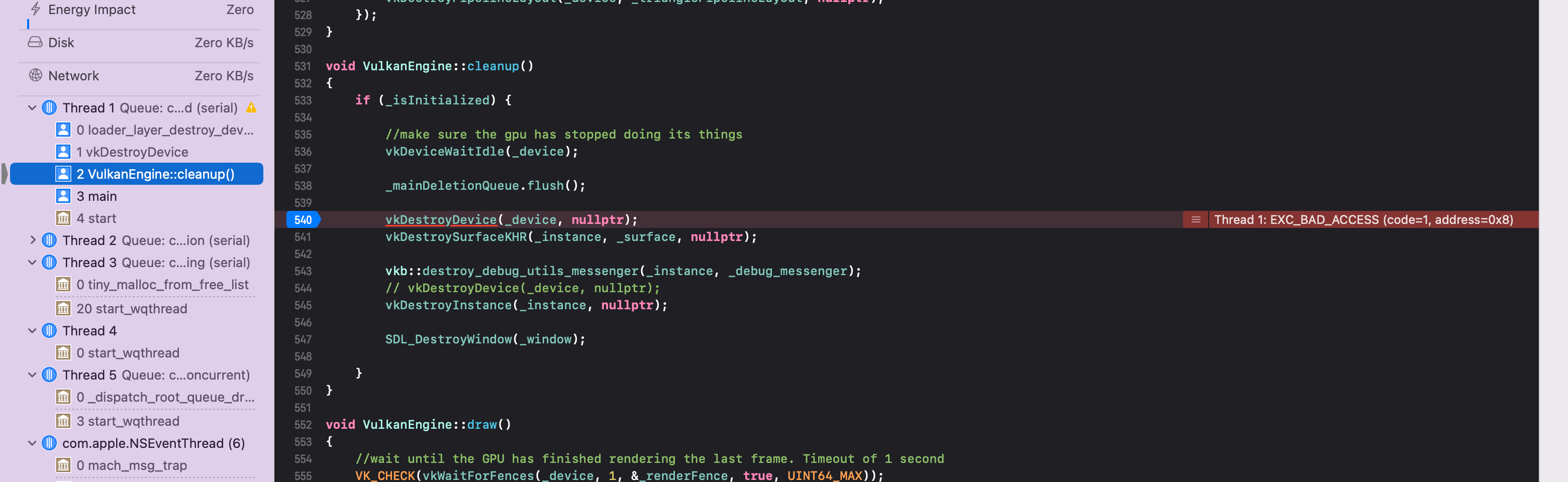 crash after call vkDestroyDevice and don't have ValidationLayer Error But get EXC_BAD_ACCESS ...