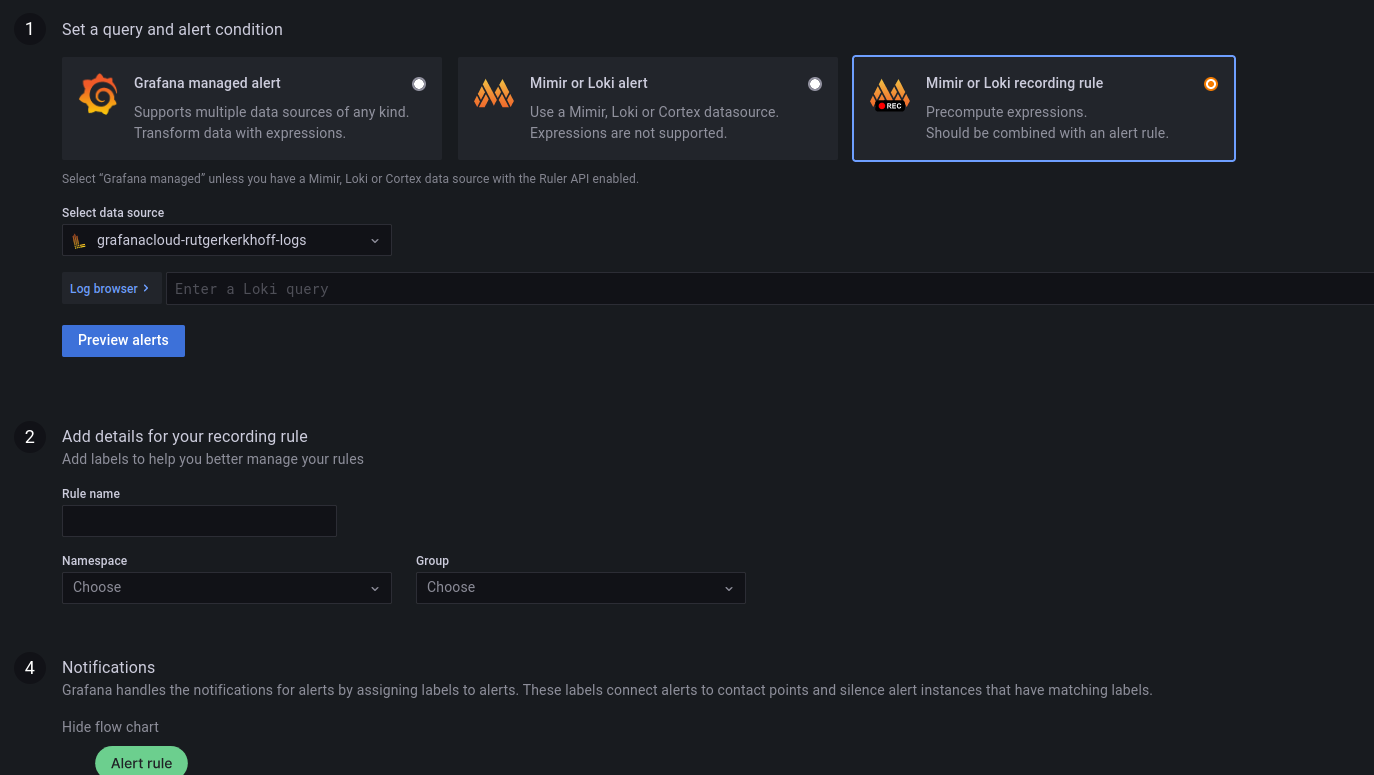 Alert rule and recording rule creation views are the same despite not having the same features ...
