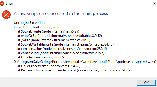 A JavaScript error occurred in the main process · Issue #330 · safing ...