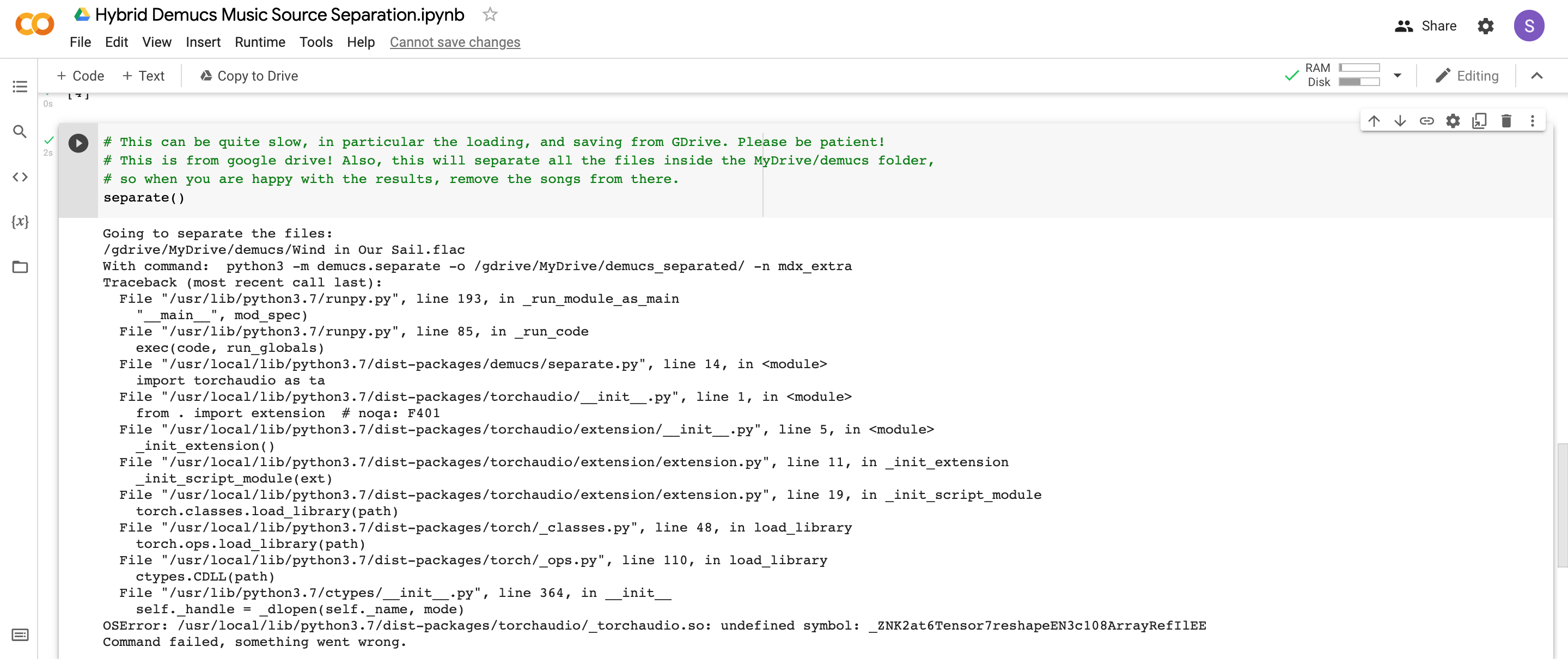 Error when executing seperate() step · Issue #222 · facebookresearch/demucs · GitHub