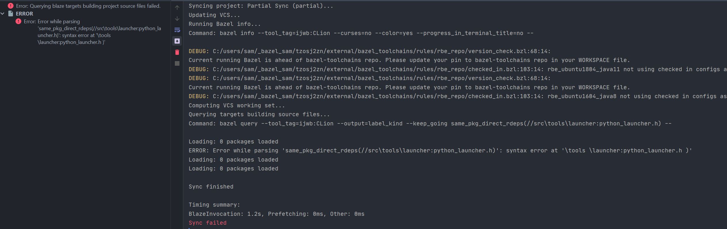 Error: Deriving targets from project directories failed on Clion 2019.3.6 using Version 2020.07 ...