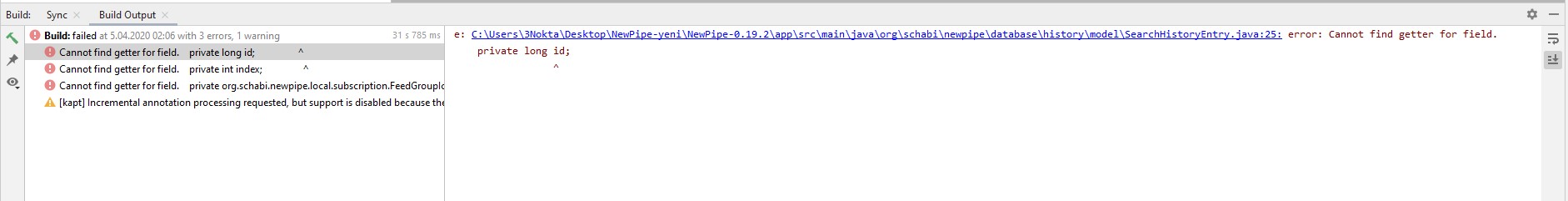 error: Cannot find getter for field. private long id; · Issue #3366 · TeamNewPipe/NewPipe · GitHub