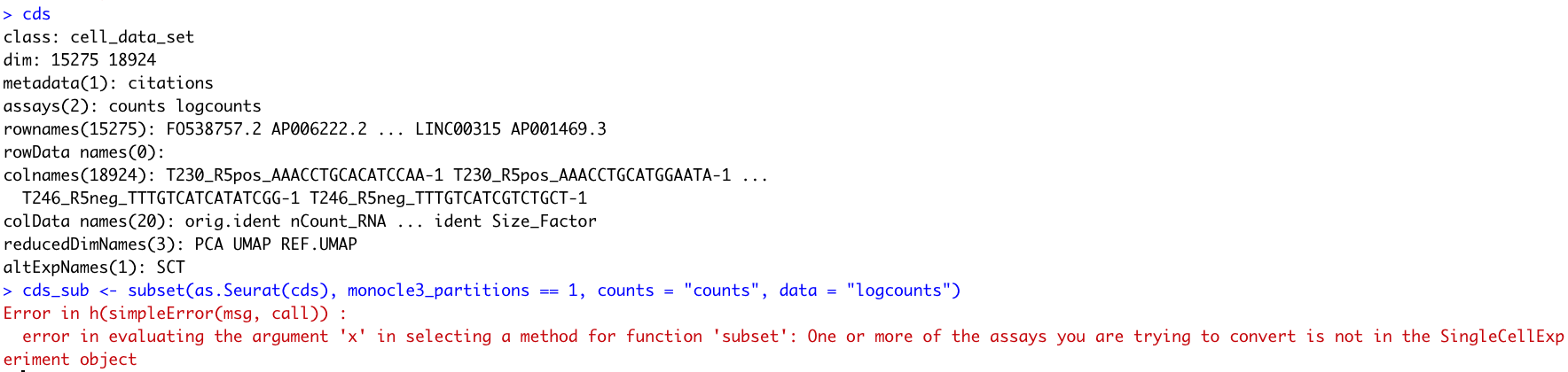 Monocle errors: Assays not in SingleCellExperiment object and different cluster results with ...