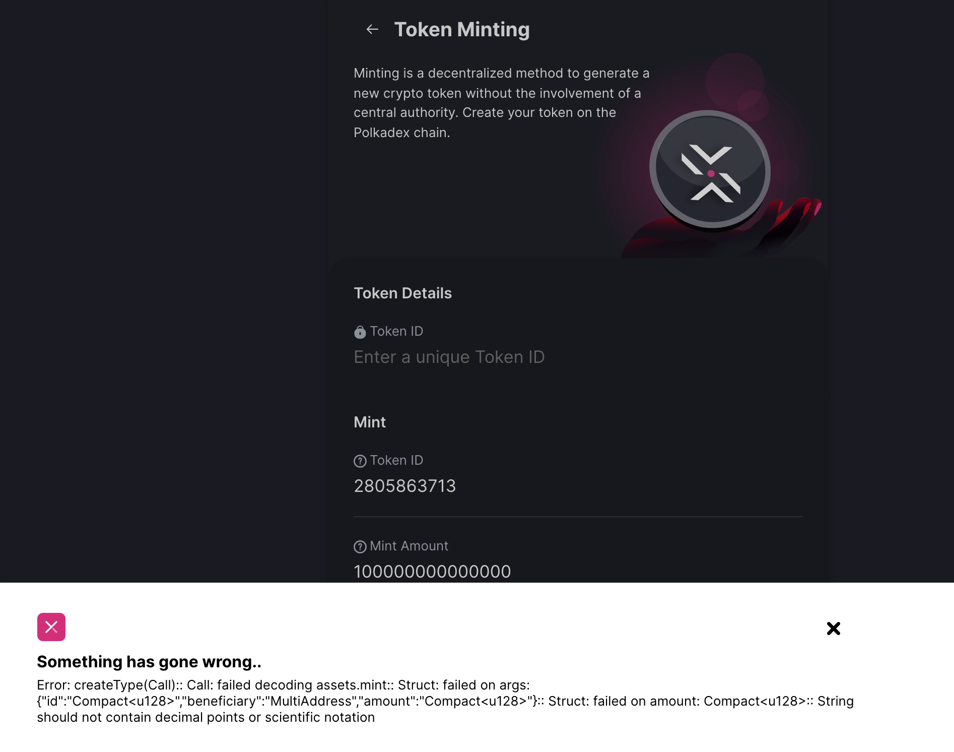 Error minting token - Struct: failed on amount: Compact :: String should not contain decimal ...