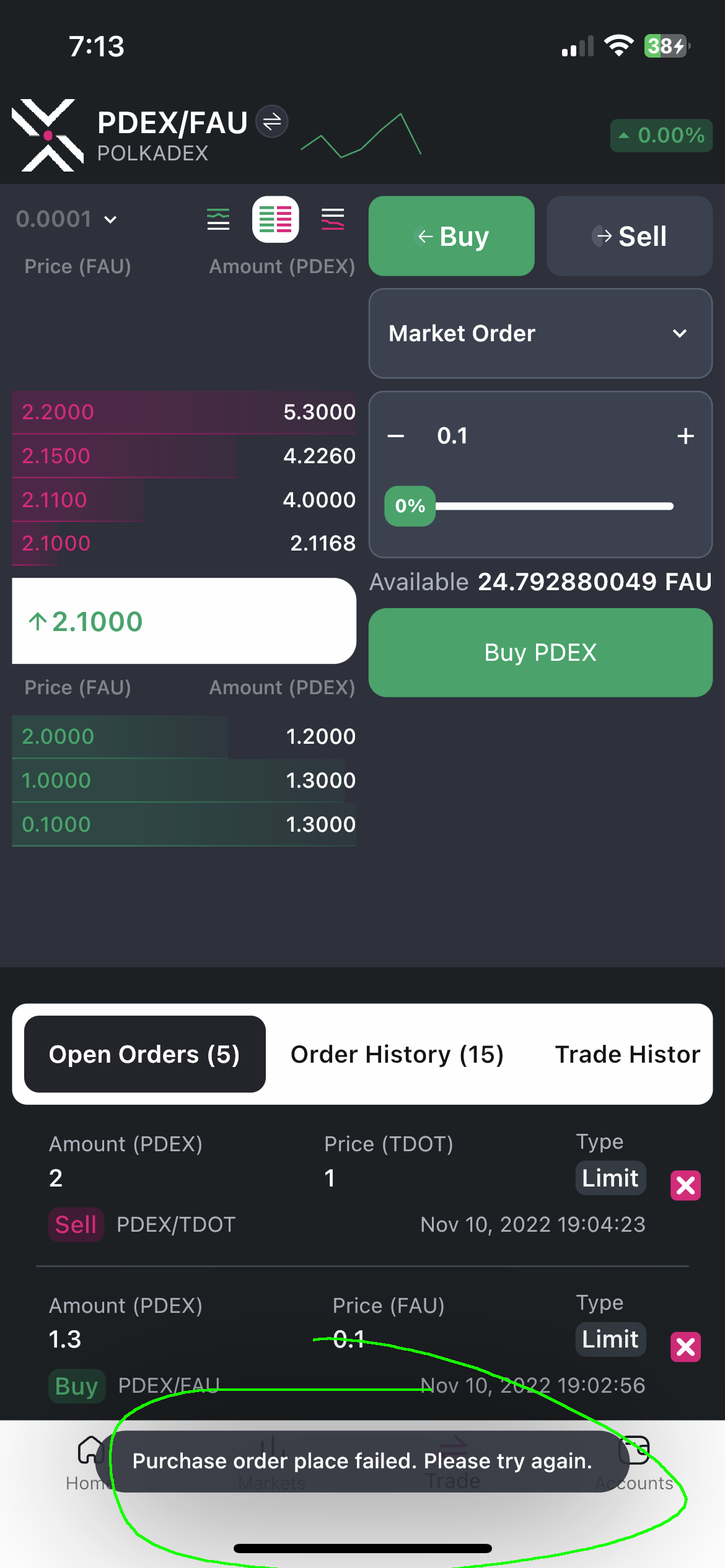 mobile app - "purchase order place failed. please try again" · Issue #374 · Polkadex-Substrate ...