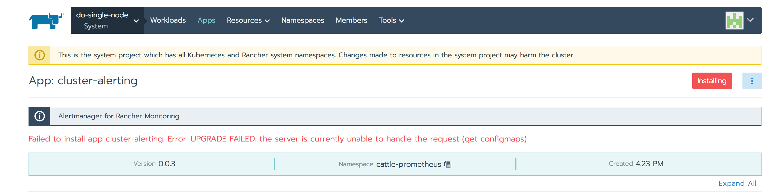 Apps Cluster Alerting And Rancher Logging Are Stuck In Upgrading