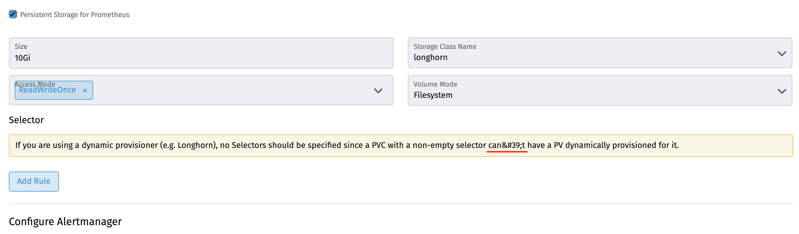 [Monitoring V2 UI] PVs should not have a selector defined by default · Issue #1757 · rancher ...