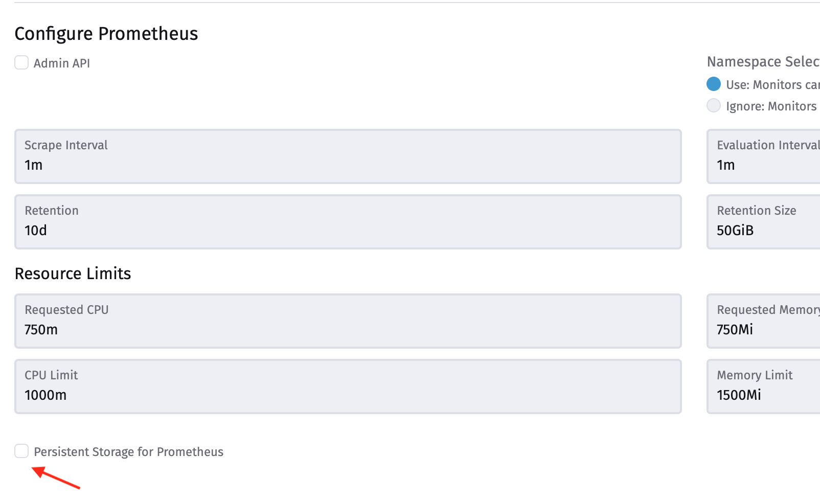 Monitoring v2 - configuration for Prometheus' persistent storage is not reflected when editing ...