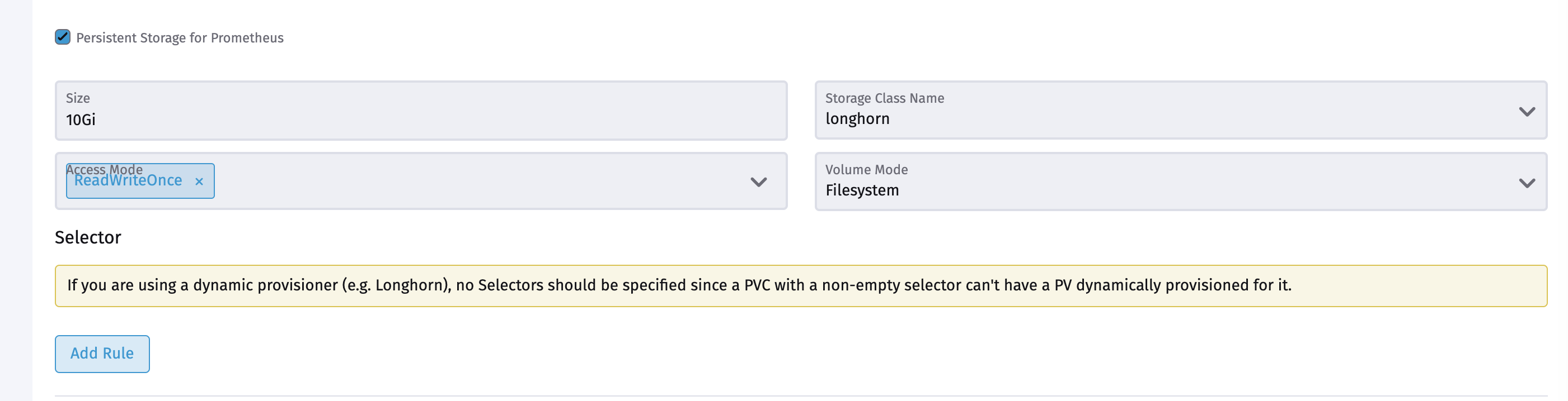 [Monitoring V2 UI] PVs should not have a selector defined by default · Issue #1757 · rancher ...
