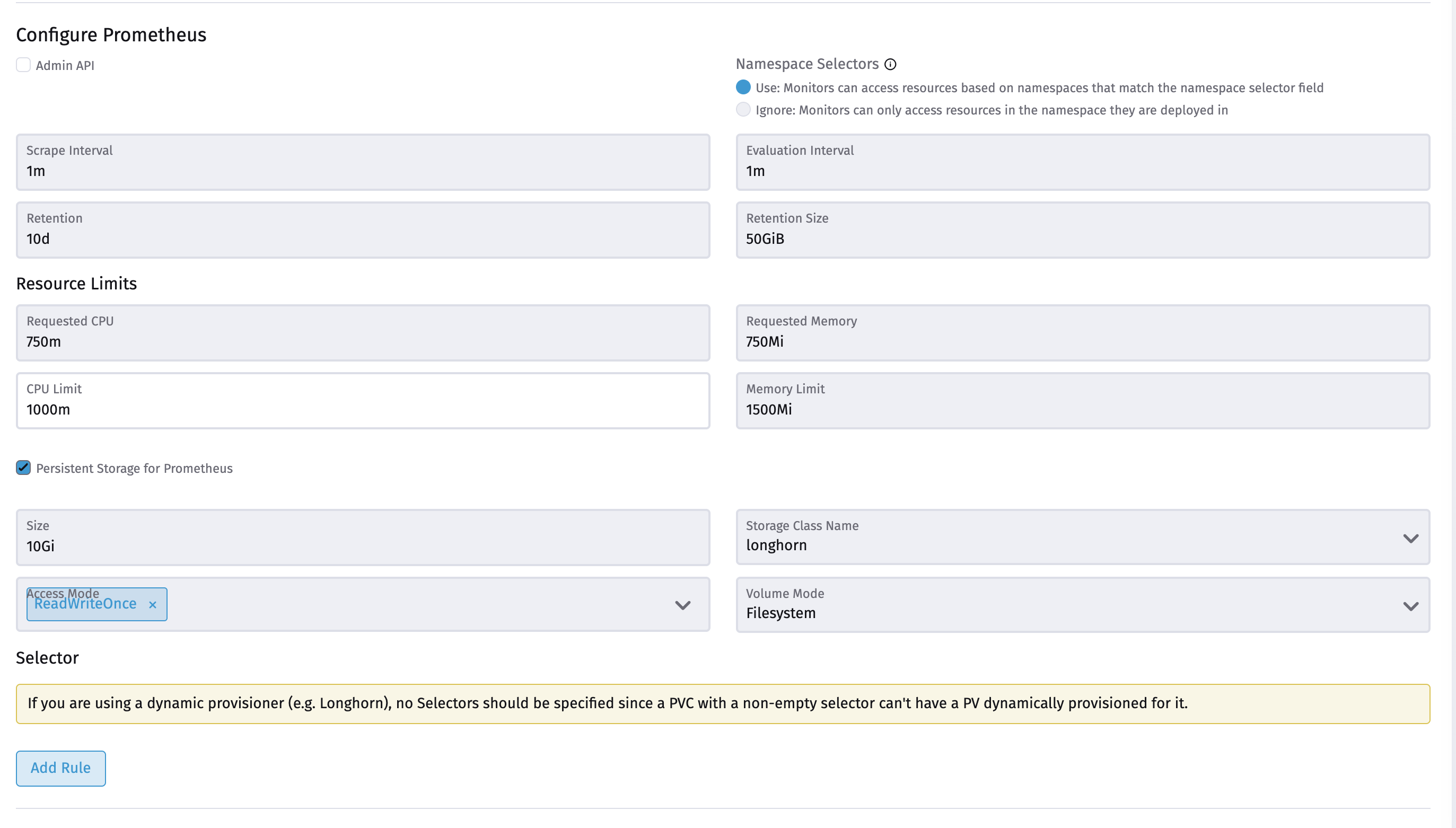 Monitoring v2 - configuration for Prometheus' persistent storage is not reflected when editing ...