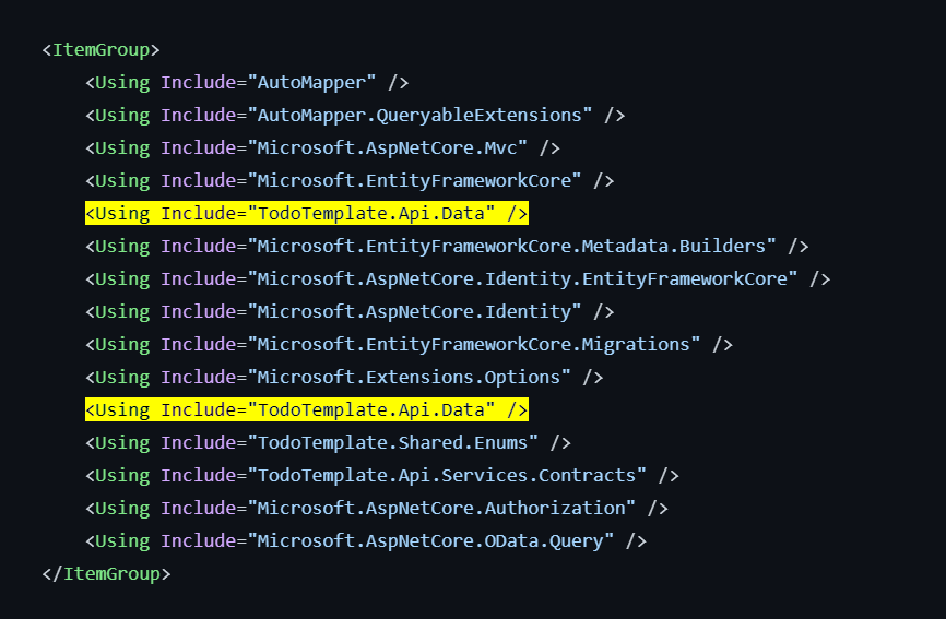 Duplication in the `csproj` file of the `TodoTemplate.Api` project ...