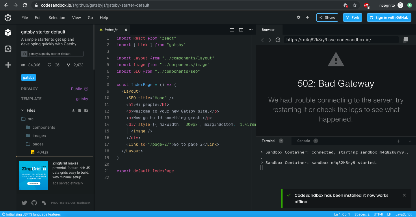Gatsby Starter Sandbox Shows 502 · Issue 1244 · Codesandbox