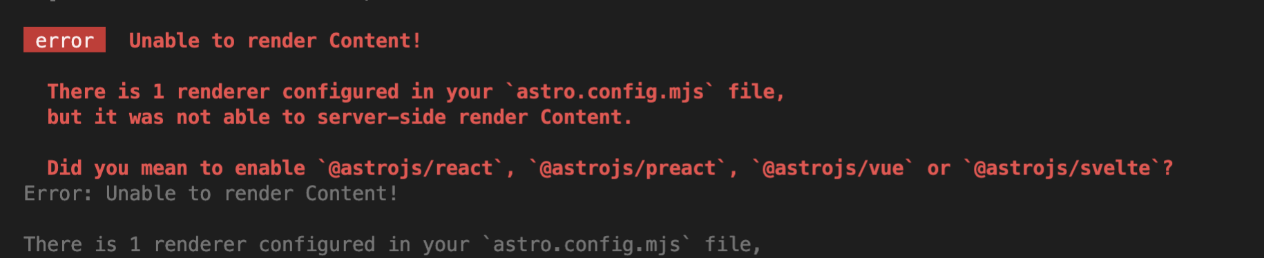 Misleading "Unable to render Content" warning on MDX error · Issue #4634 · withastro/astro · GitHub