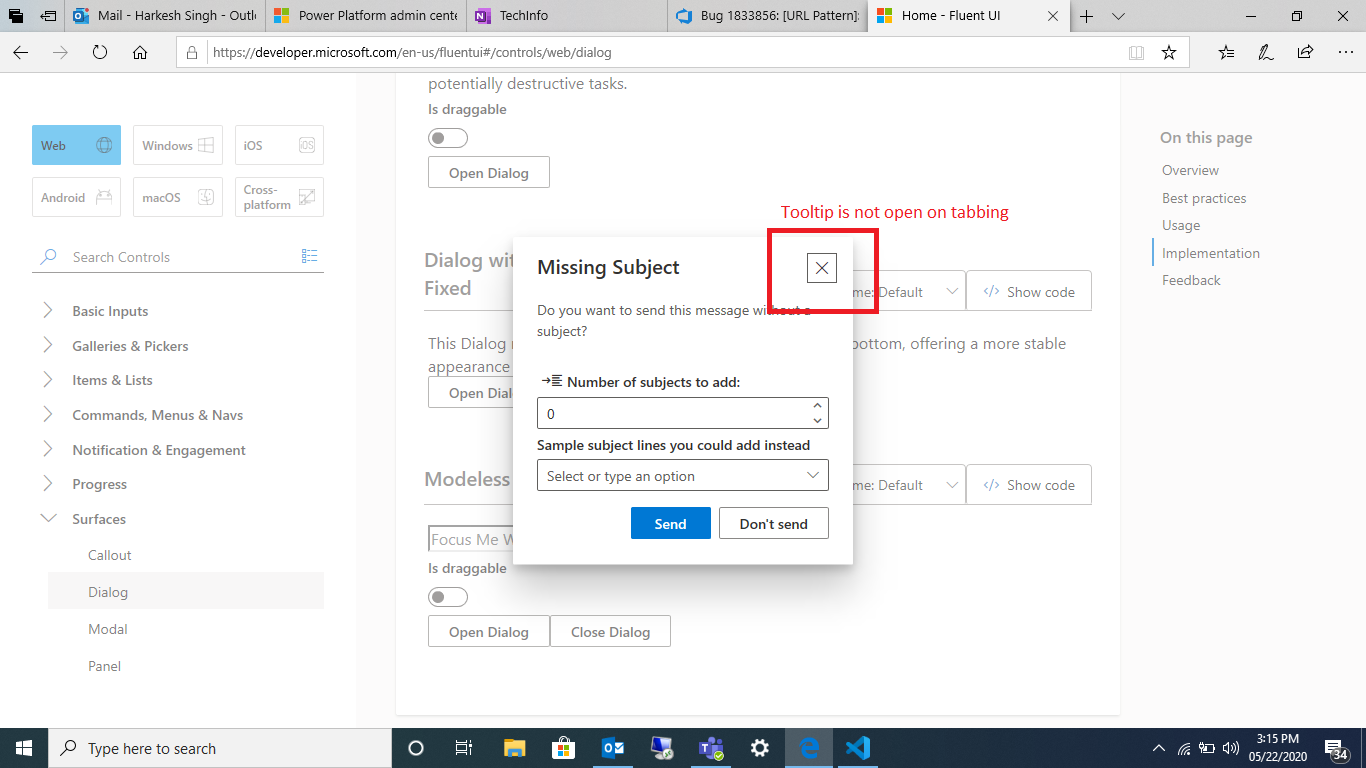 Tooltip of dismiss button in Dialog control is not opened on tabbing through keyboard · Issue ...