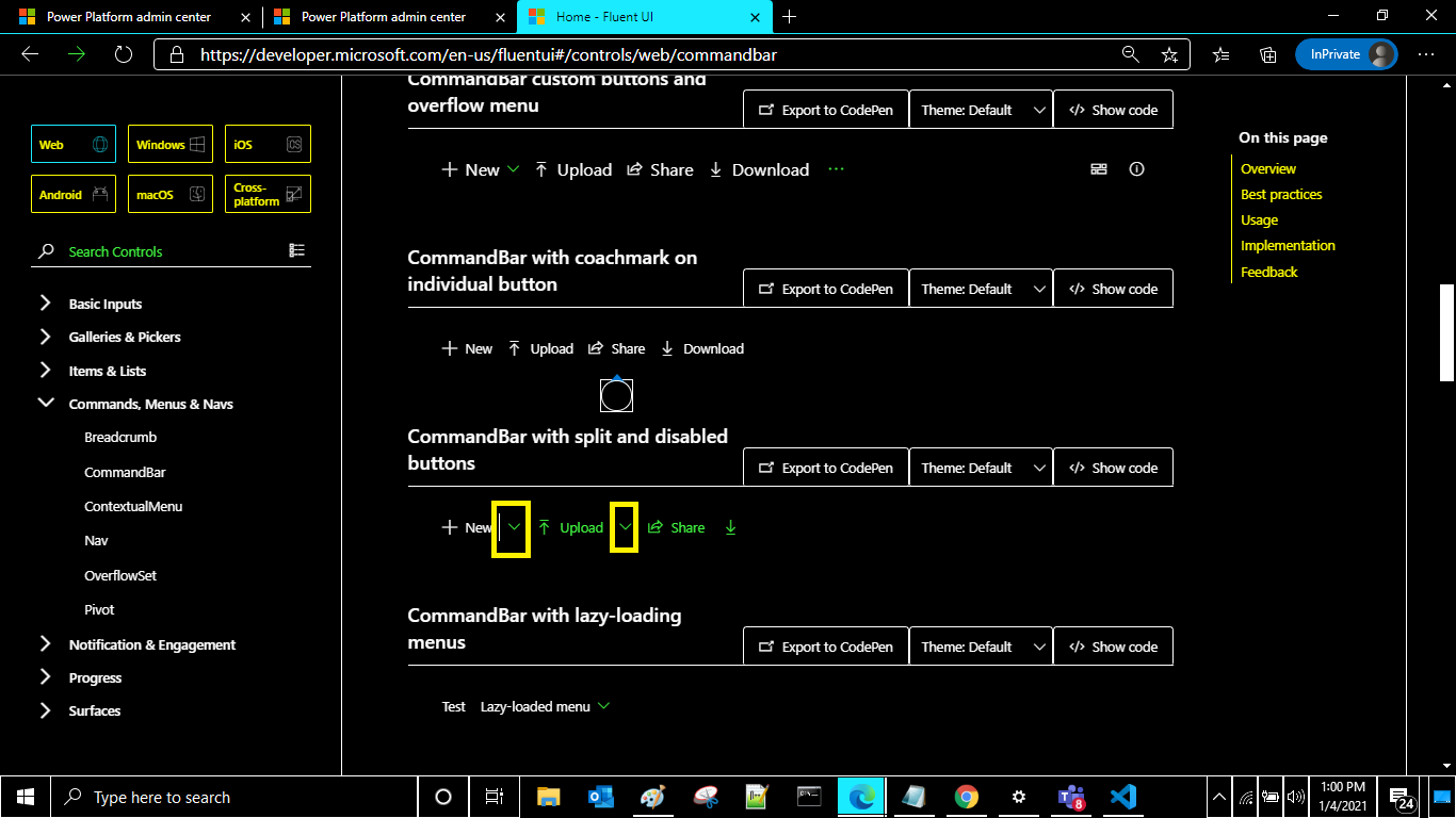 On CommandBar with split and disabled buttons, enabled and disabled downward arrow are in same ...