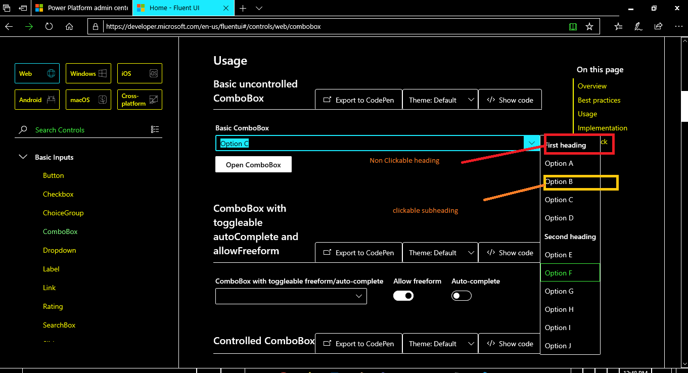 Clickable and non clickable items, in ComboBox dropdown ,are not differentiable on high contrast ...