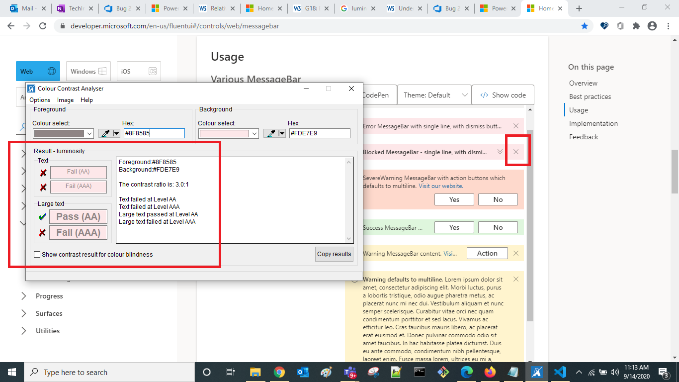 Luminosity ratio is not sufficient for close button on MessageBar. It should be greater or equal ...