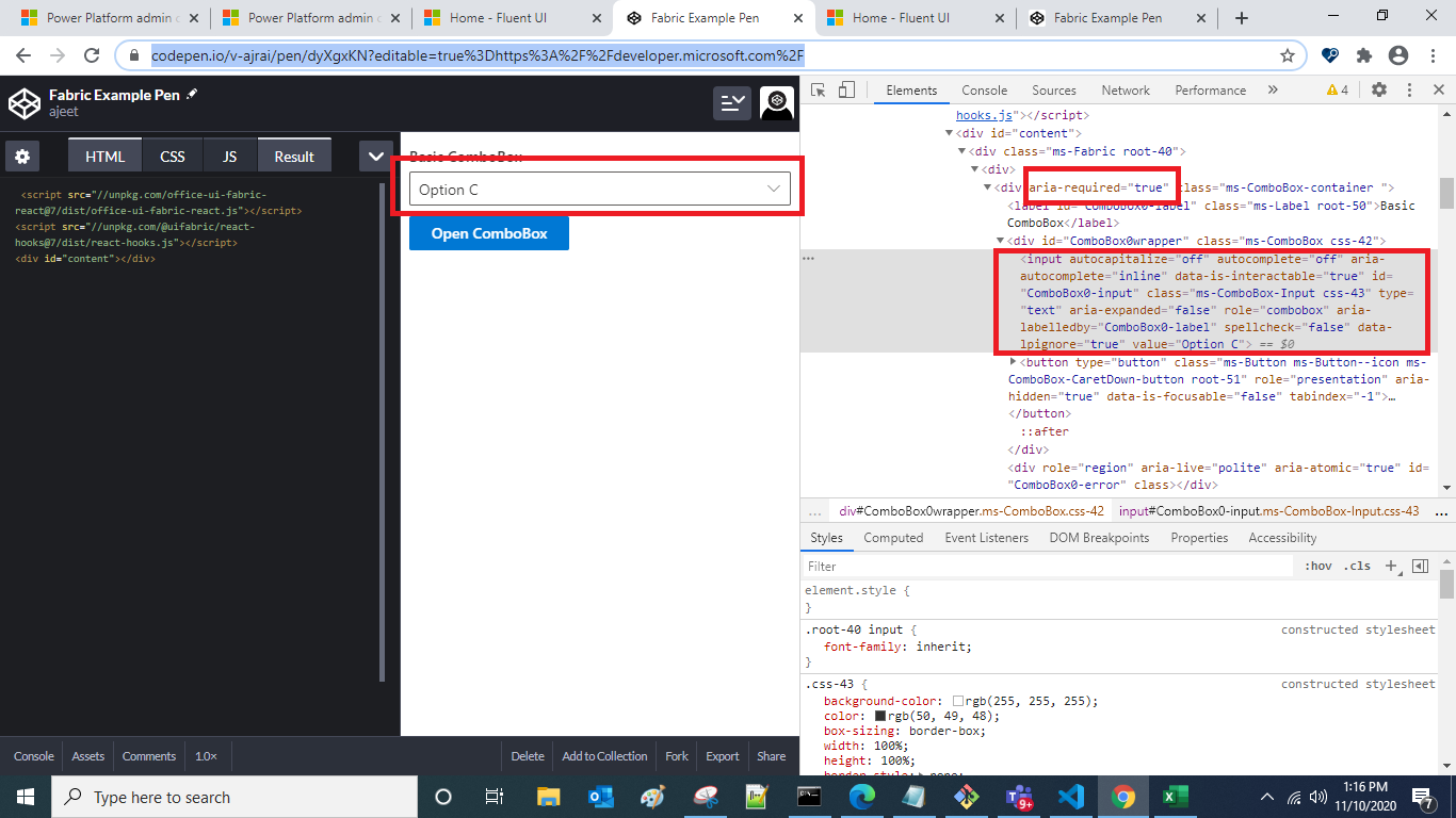 On Combobox Narrator is not reading as required even if aria-required="true" is set ,as aria ...