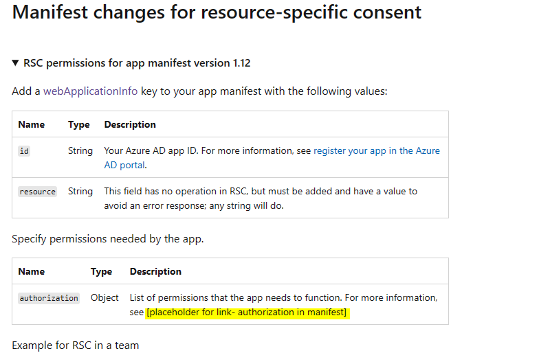 Under Rsc Permissions For App Manifest Version 112 Hyperlink To Authorization Section Is 