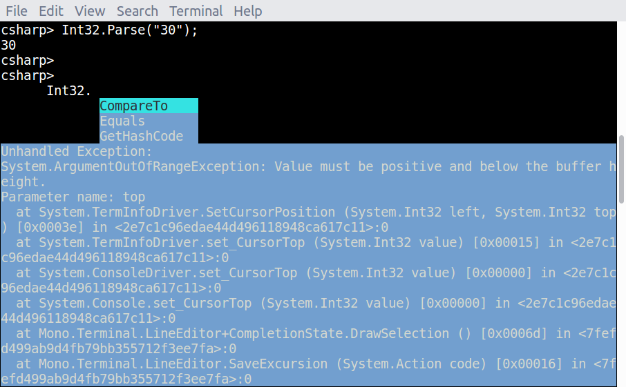 csharp (repl command line tool) crashes in code completion (on too long line) · Issue #6872 ...