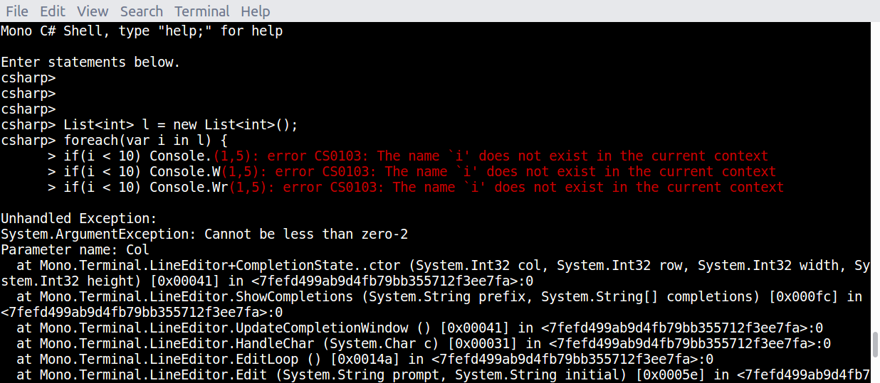 csharp (repl command line tool) crashes in code completion (on too long line) · Issue #6872 ...