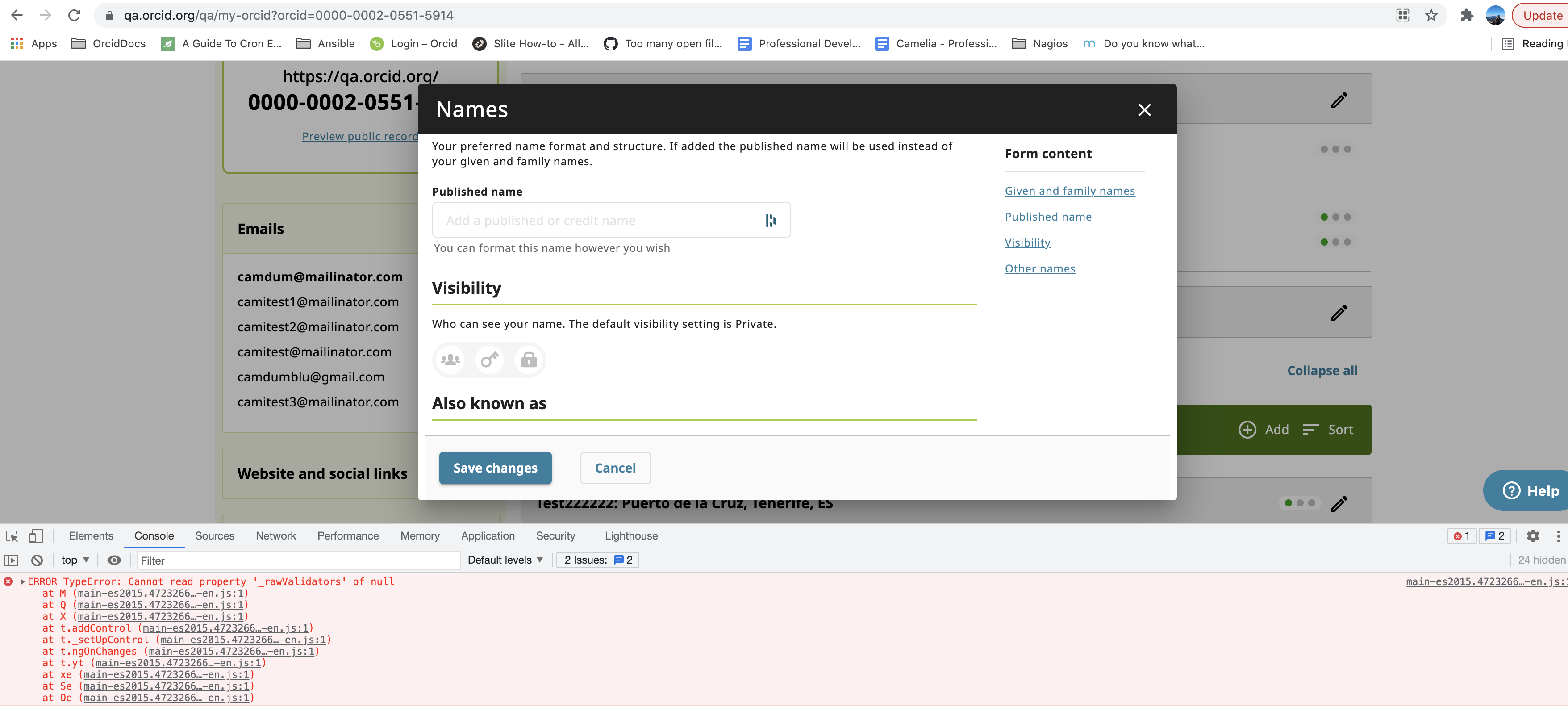 Names: Default visibility is not set to private causes _rawValidators error when reloading page ...