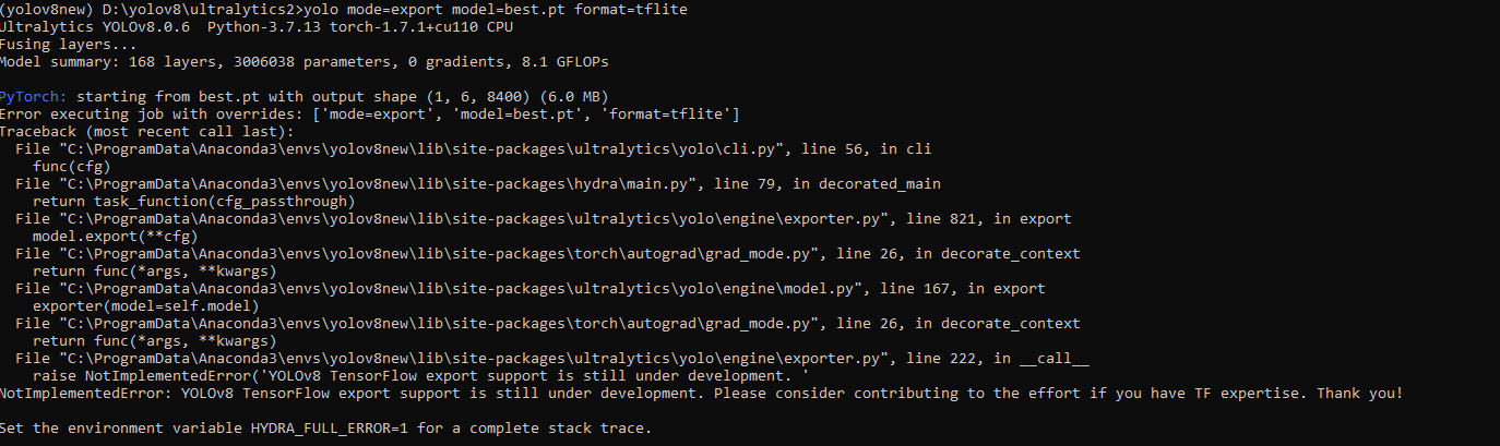 Unable to export model ( tflite ) · Issue #431 · ultralytics/ultralytics · GitHub