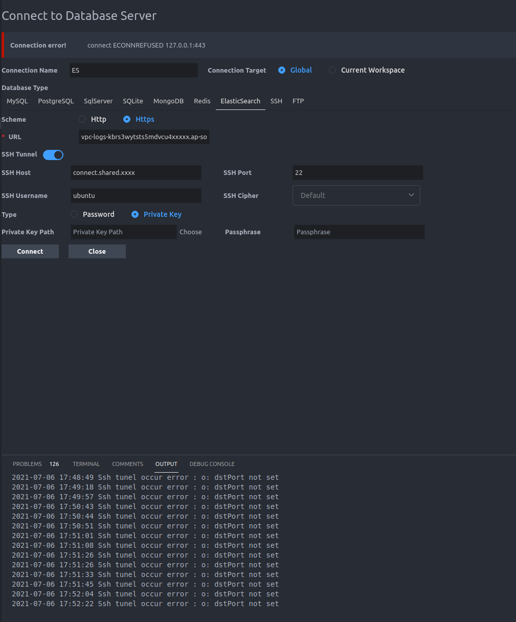 [BUG] Elasticsearch ssh tunnel not working · Issue #243 · cweijan/vscode-database-client · GitHub