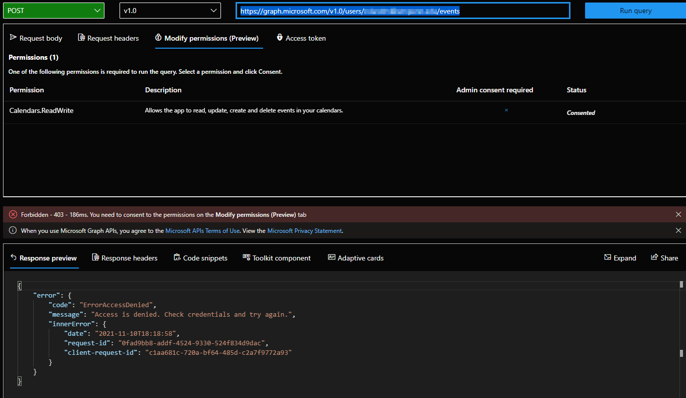 Cannot consent and post event to calendar on Graph API · Issue #1205 ...