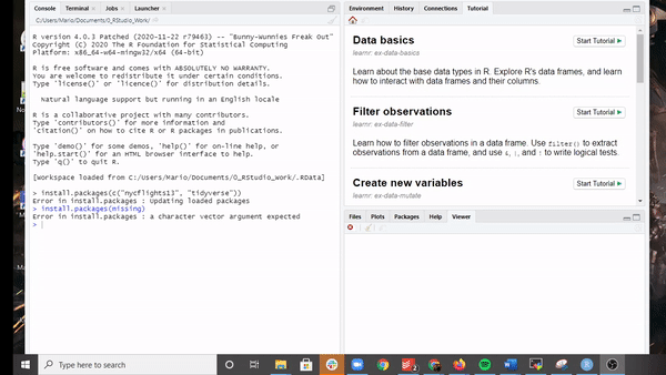 Attempting to start a Tutorial on Windows desktop with R 4.0.3 results in a console error and an ...
