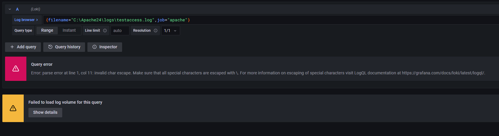 Loki: If label value includes backslash it is not escaped and query is invalid · Issue #45809 ...