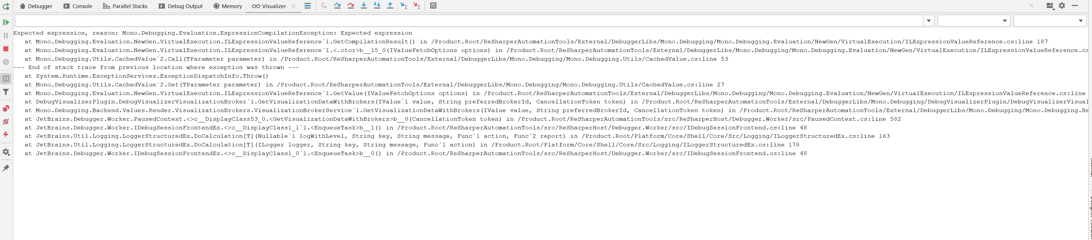 Visualize Tab shows exception stacktrace on an empty expression · Issue #9 · JetBrains/rider ...