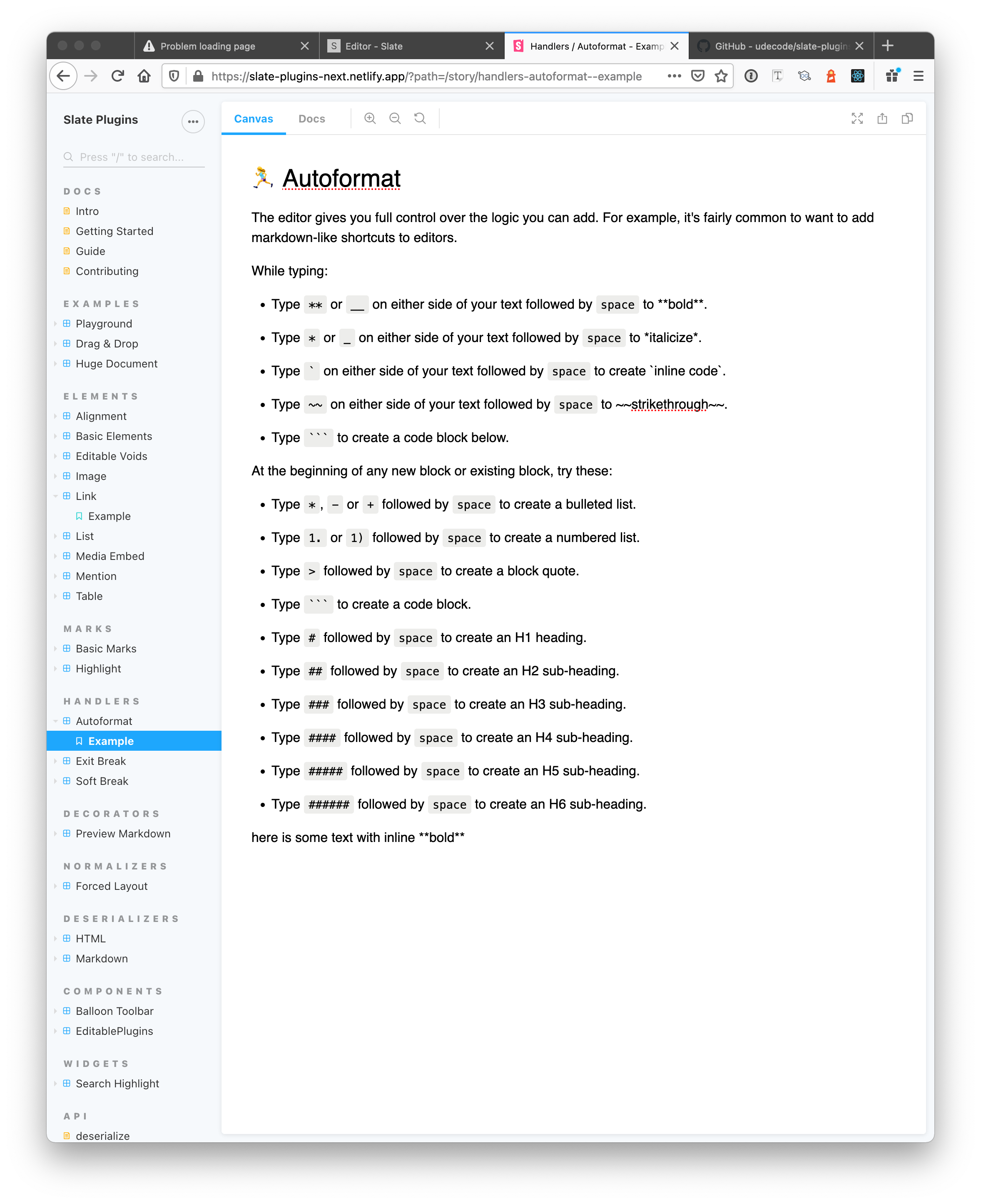 Storybook example Handlers/Autoformat throws an error on inline formats · Issue #462 · udecode ...