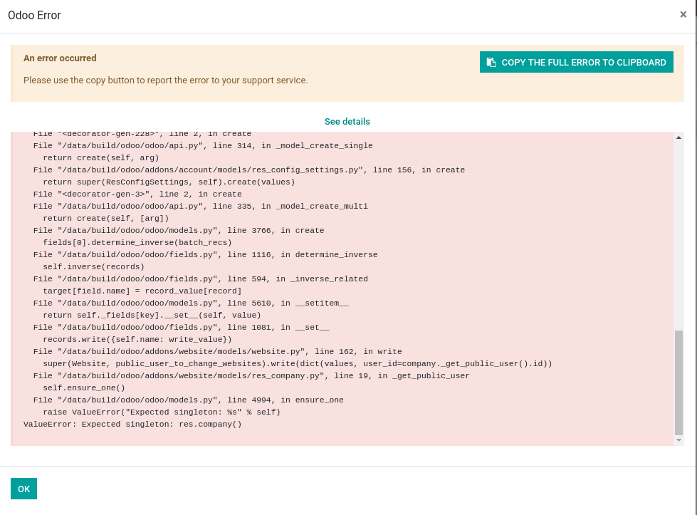 Singleton Error in Website settings, without company · Issue #47967 · odoo/odoo · GitHub