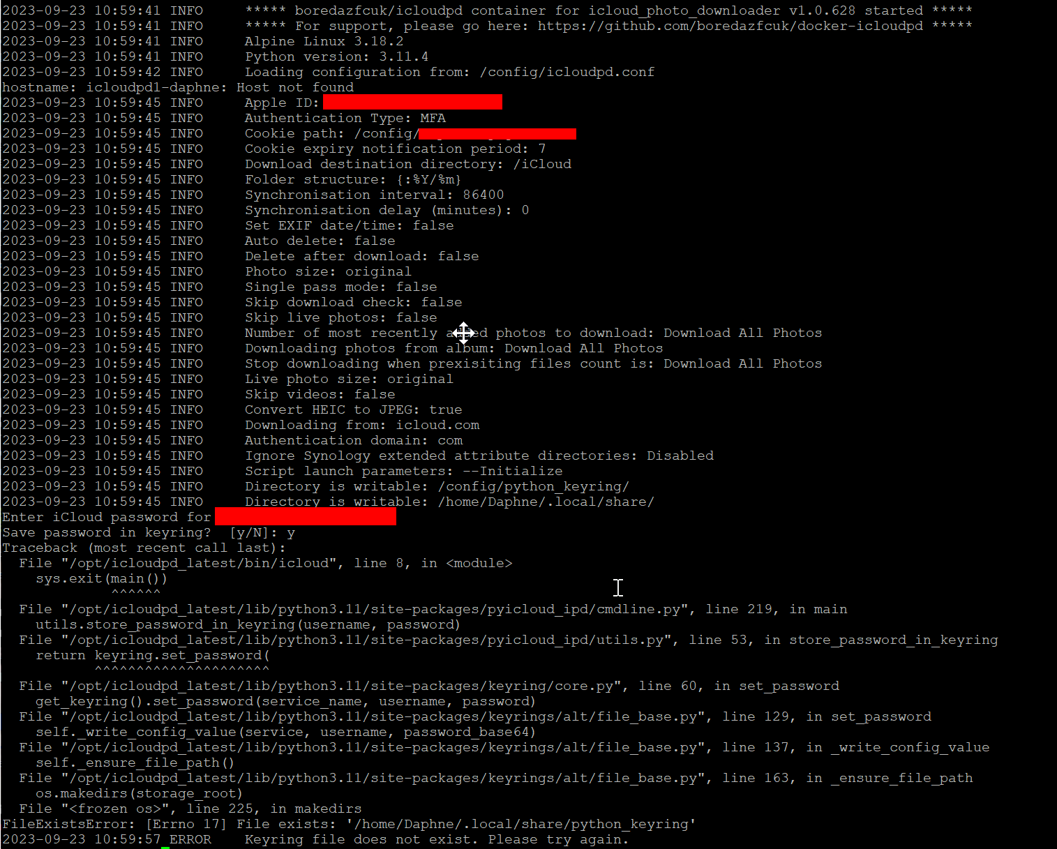 Keyring file cannot be created · Issue #393 · boredazfcuk/docker-icloudpd · GitHub