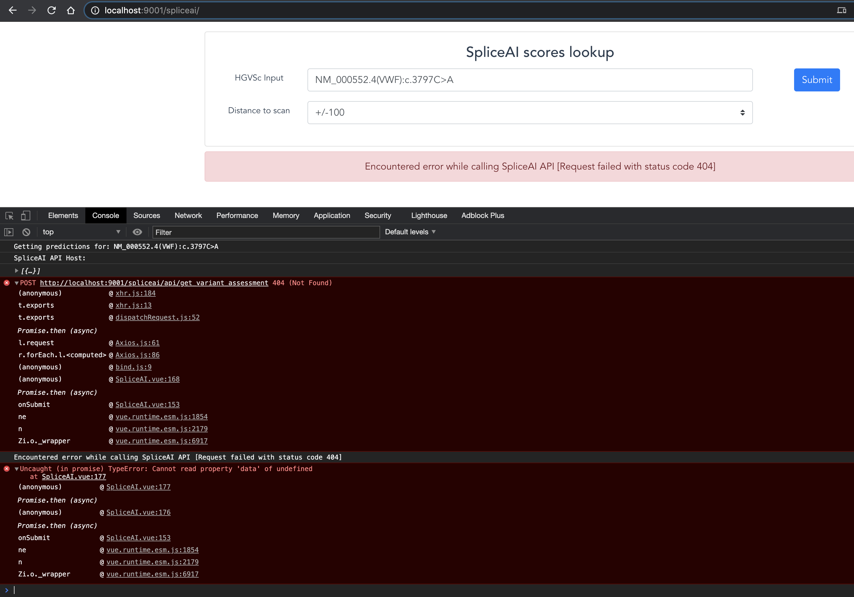 Searching for NM_000552.4(VWF):c.3797C>A prints "Encountered error while calling SpliceAI API ...