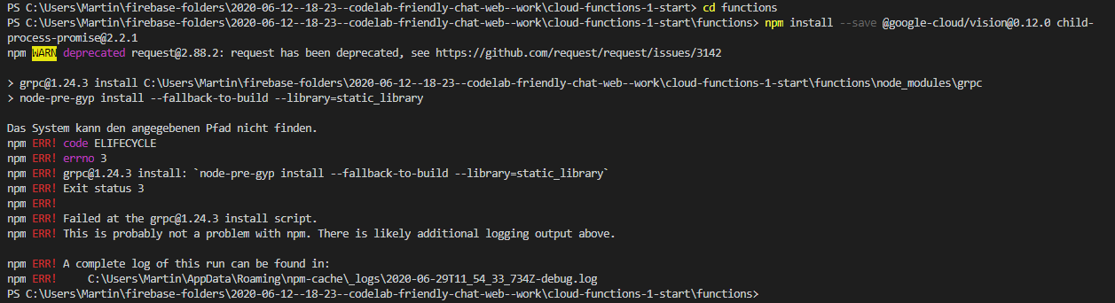 npm install --save @google-cloud/vision@0.12.0 child-process-promise@2.2.1 +++ seems to not work ...