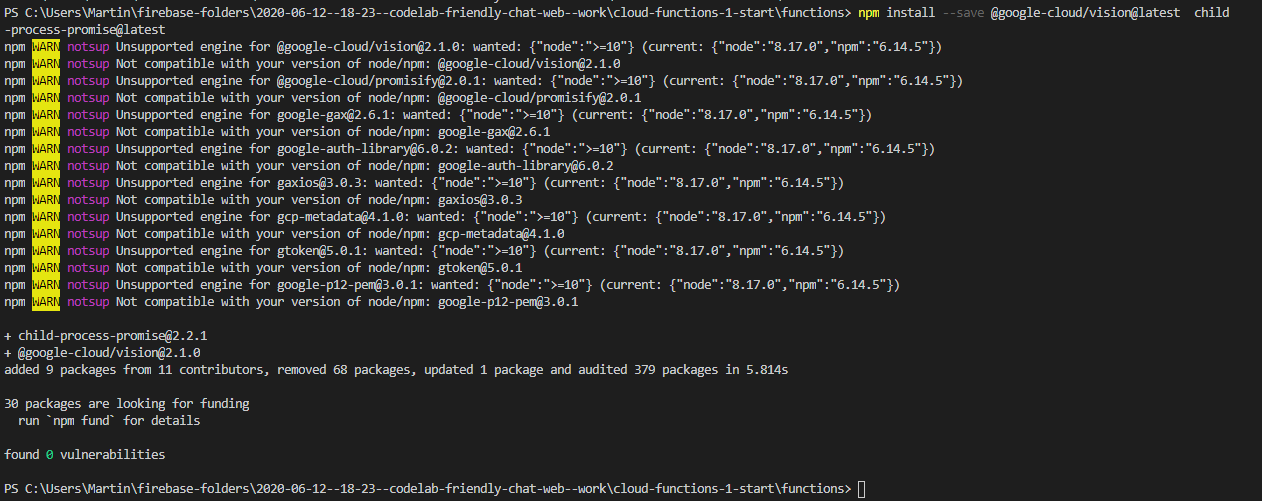 npm install --save @google-cloud/vision@0.12.0 child-process-promise@2.2.1 +++ seems to not work ...