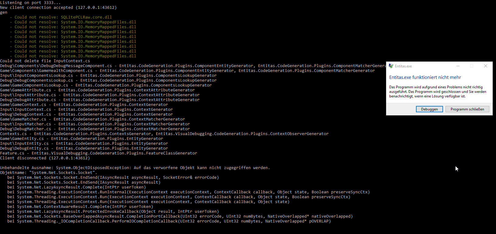 Entitas Server Client mode, server crashes · Issue #507 · sschmid/Entitas · GitHub