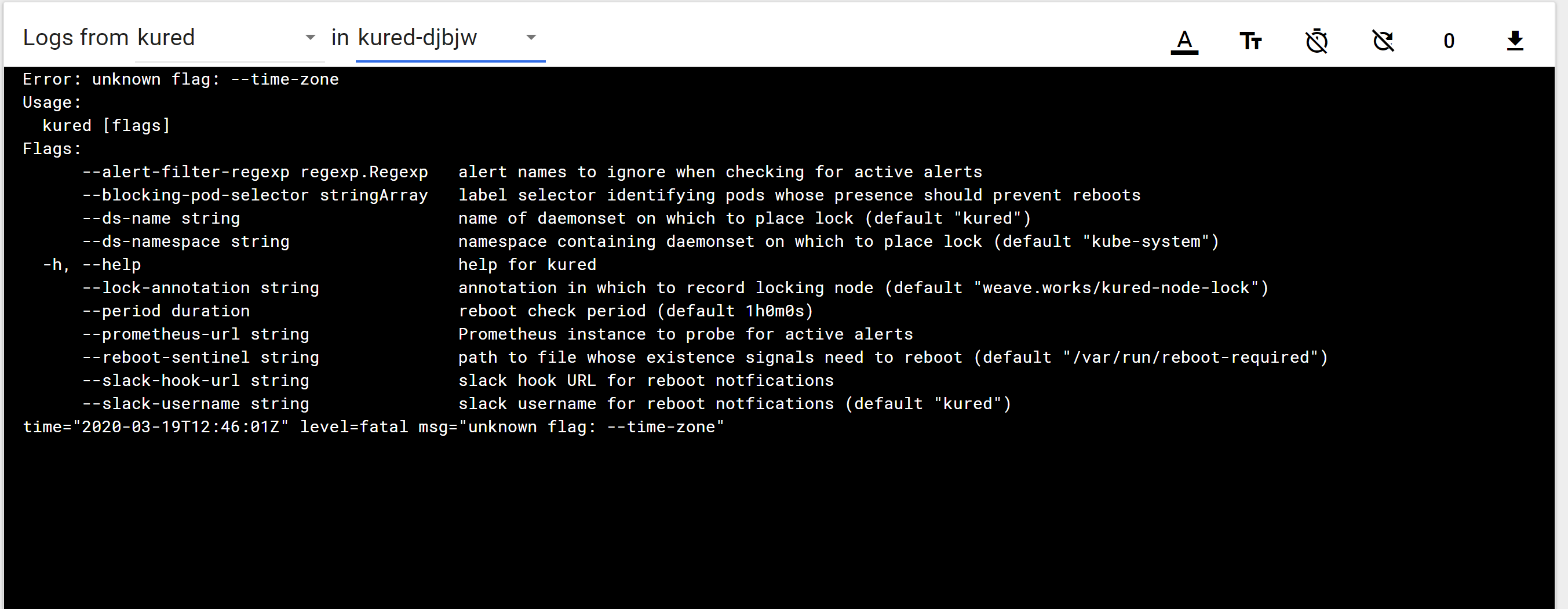 Error: unknown flag: --time-zone · Issue #120 · kubereboot/kured · GitHub