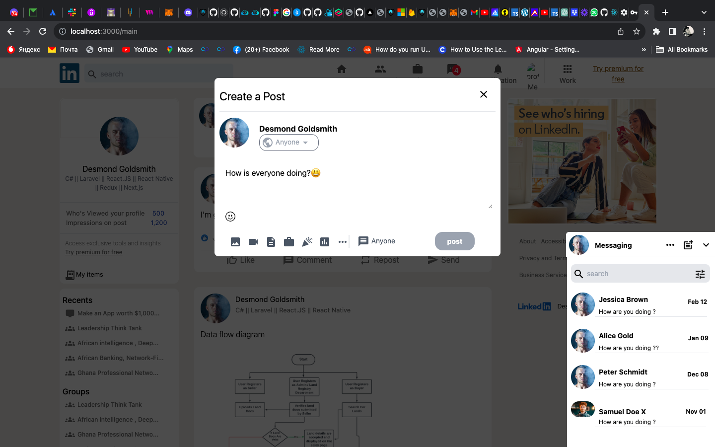 Github Desmondgoldsmithlinkedin Clone Linkedin Clone With Reactjs Redux Tailwind Css 