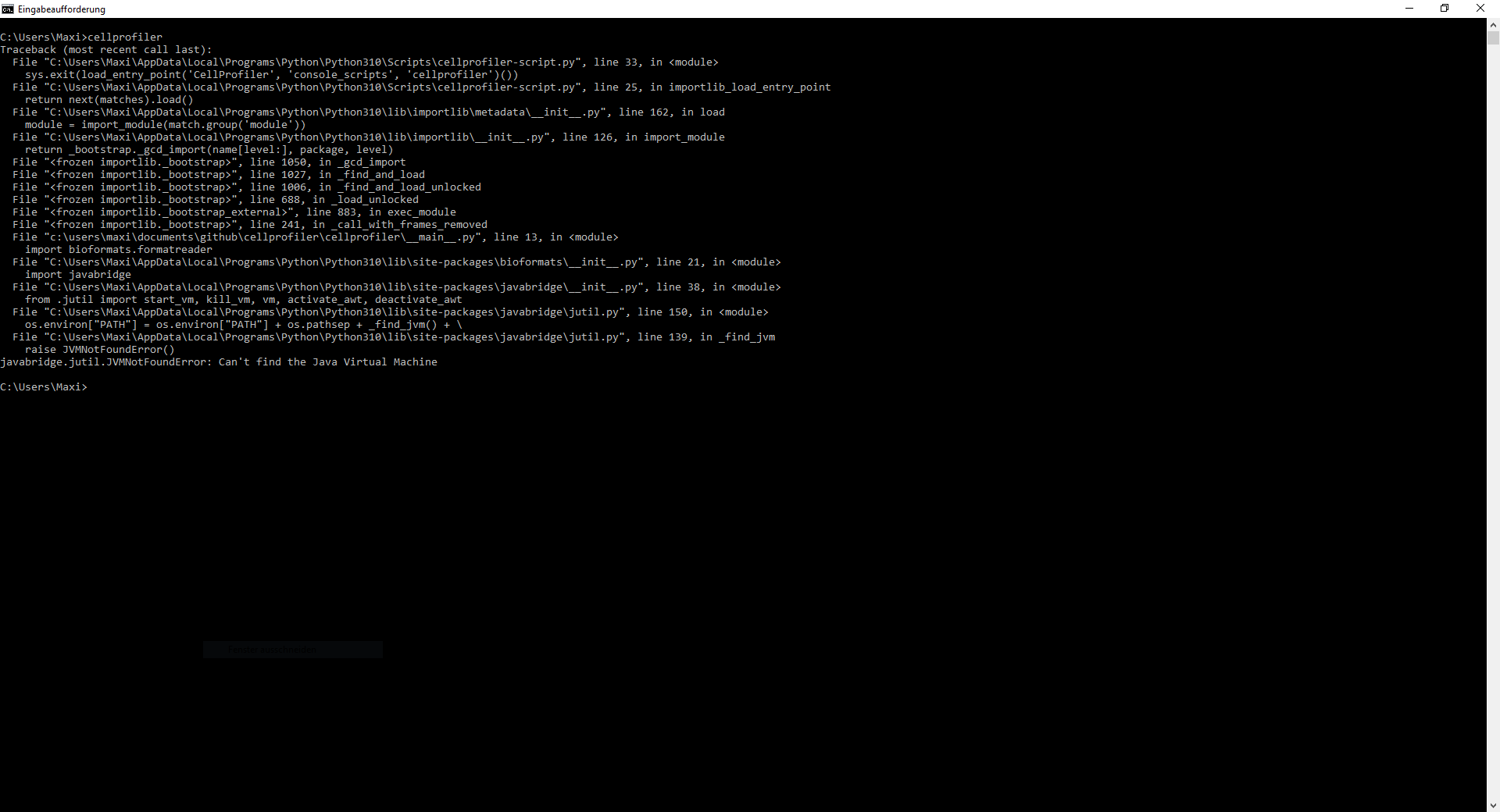 javabridge.jutil.JVMNotFoundError: Can't find the Java Virtual Machine ...