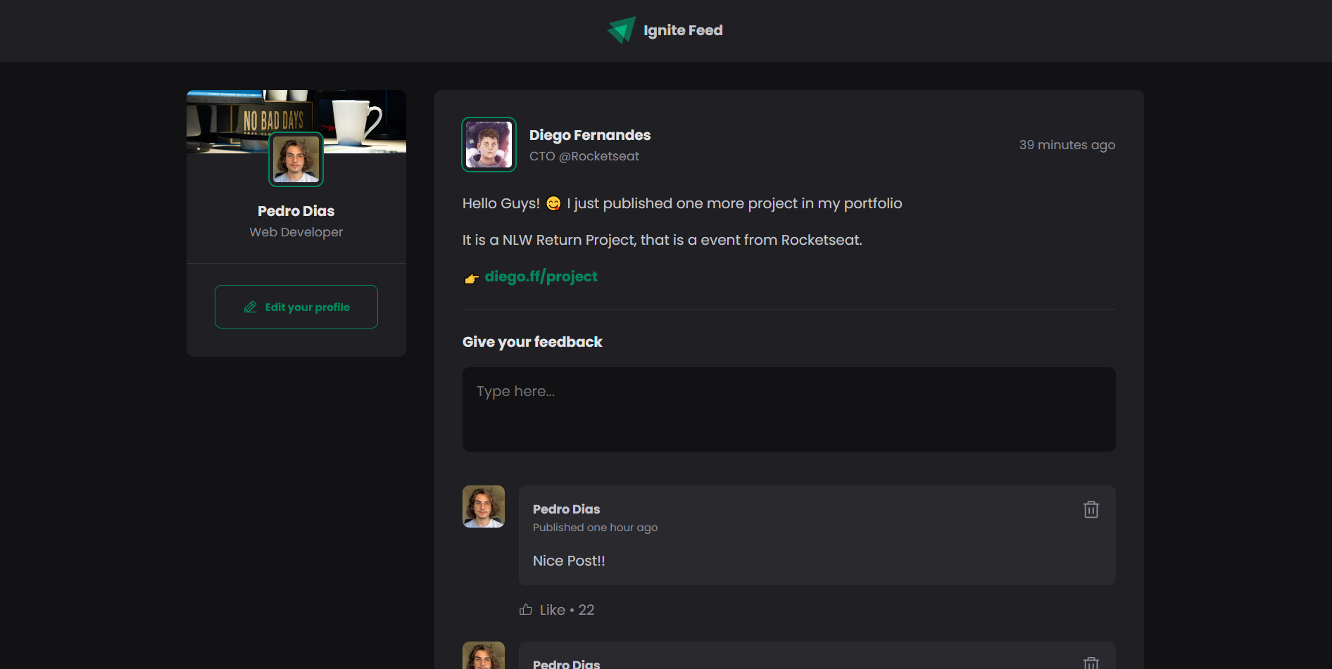 GitHub - devpedrodiass/Ignite-Feed: 📃Feed React | Ignite Course from Rocketseat